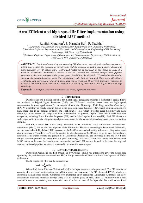 Pdf Area Efficient And High Speed Fir Filter Implementation Using Divided Lut Method
