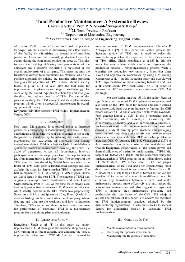 (PDF) Total Productive Maintenance - A Systematic Review