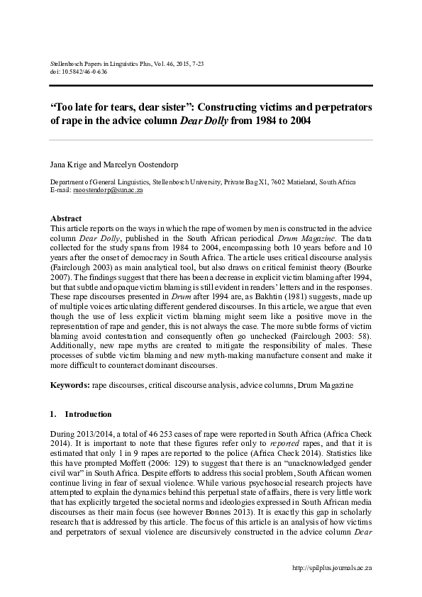 (PDF) Too late for tears, dear sister”: Constructing victims and ...
