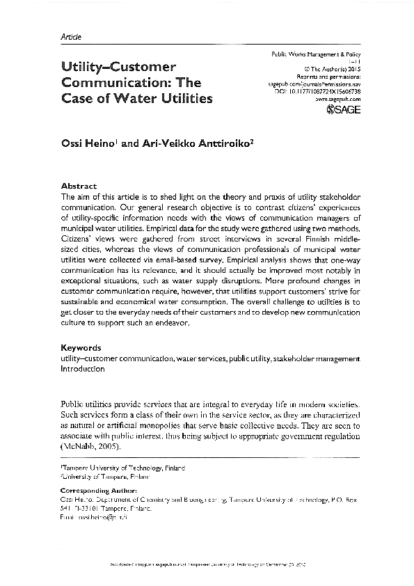 (PDF) Utility–Customer Communication: The Case of Water Utilities
