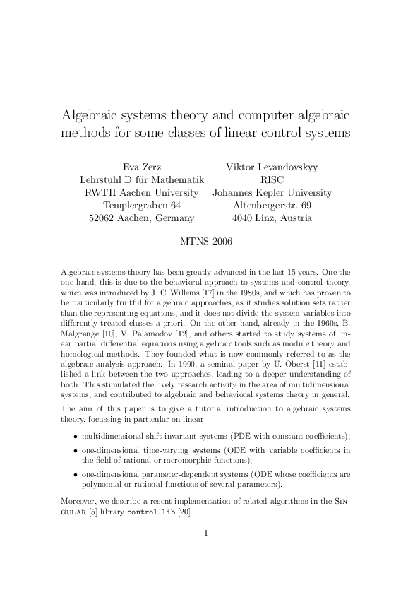 Pdf Algebraic Systems Theory And Computer Algebraic Methods For Some Classes Of Linear Control