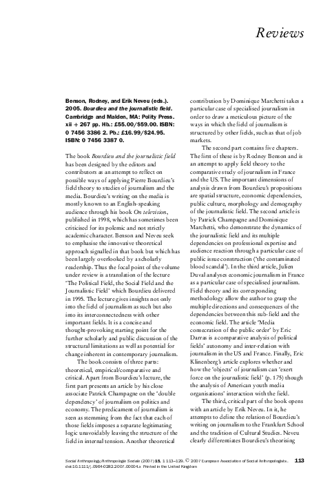 (PDF) Book Review: Bourdieu and the journalistic field edited by Benson, Rodney, and Erik Neveu