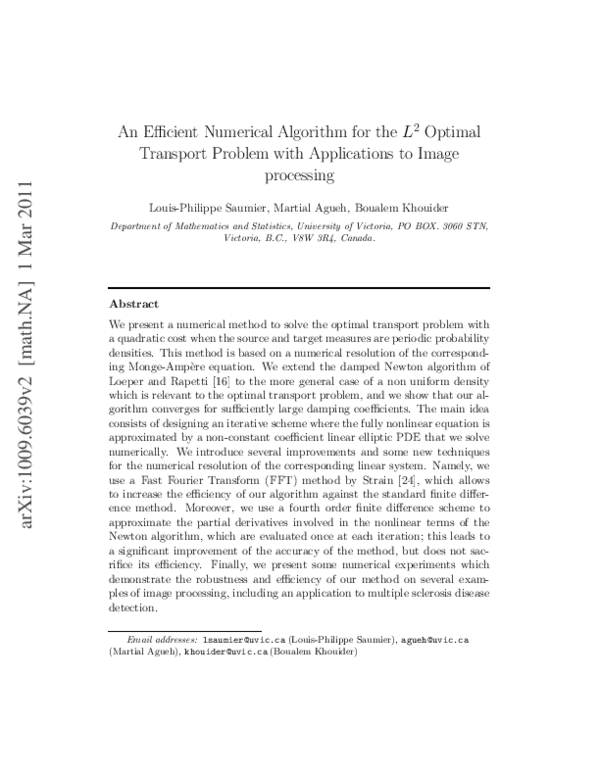 (PDF) An efficient numerical algorithm for the L2 optimal transport problem with applications to ...