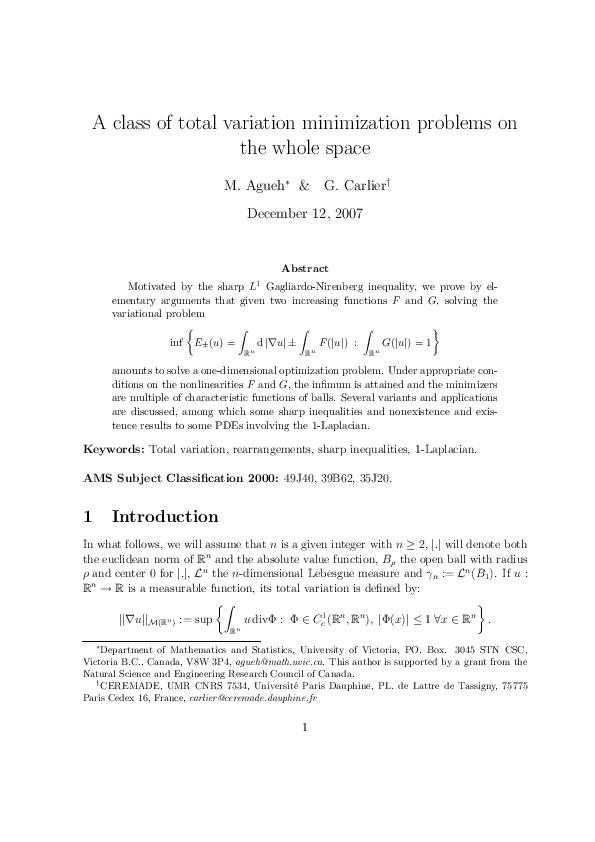 Pdf A Class Of Total Variation Minimization Problems On The Whole Space