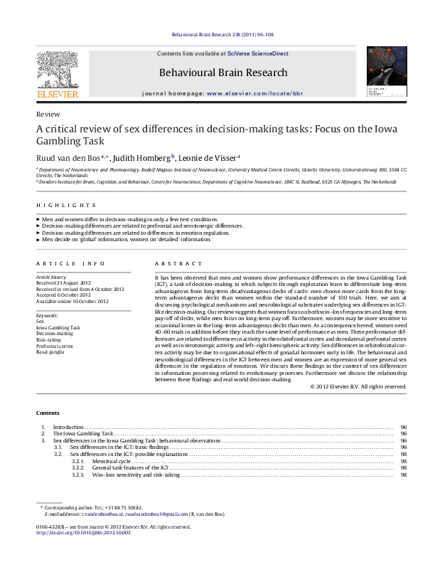 Pdf A Critical Review Of Sex Differences In Decision Free Download