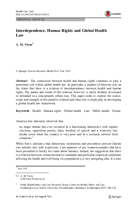 A.M. Viens, 'Interdependence, Human Rights and Global Health Law ...
