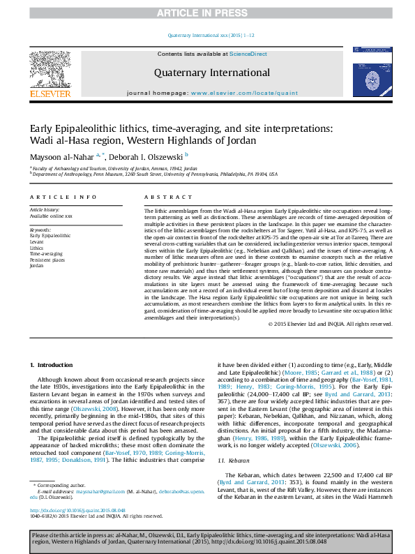 (PDF) Early Epipaleolithic Lithics, Time-Averaging, and Site ...