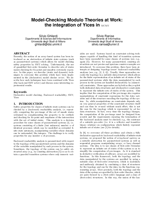 (PDF) Model-Checking Modulo Theories at Work: the integration of Yices in MCMT | Silvio Ghilardi ...