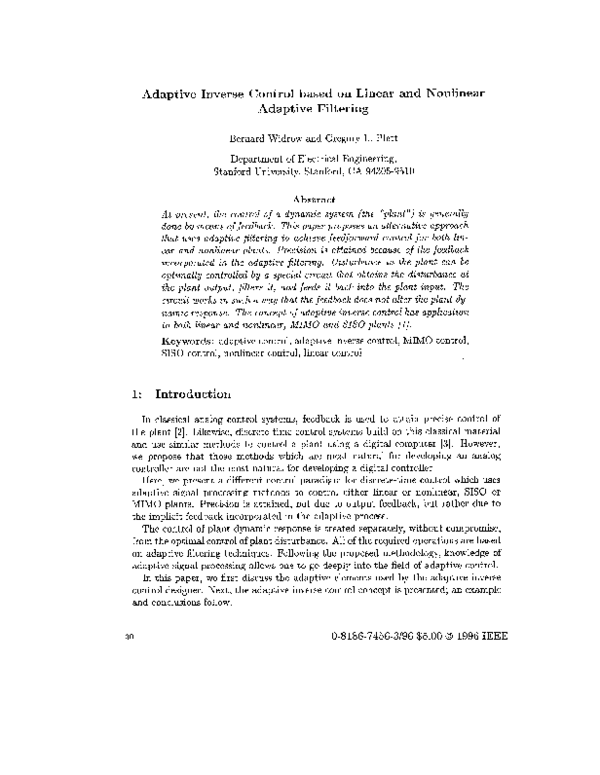 Pdf Adaptive Inverse Control Based On Linear And Nonlinear Adaptive