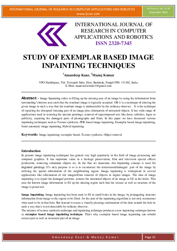 STUDY OF EXEMPLAR BASED IMAGE INPAINTING TECHNIQUES