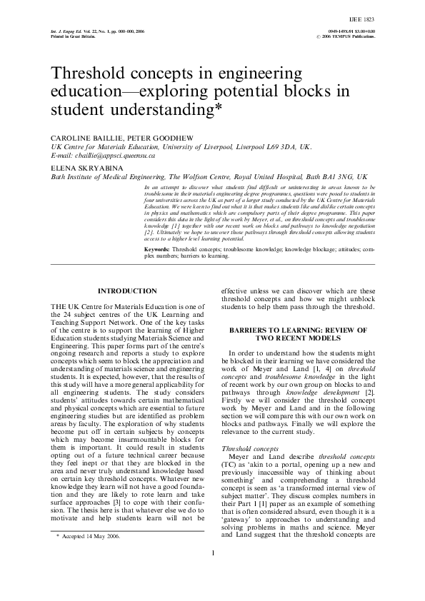 (PDF) Threshold concepts in engineering educationÐexploring potential ...