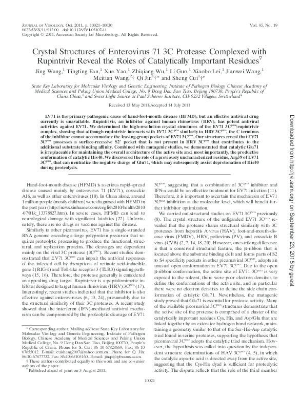 (PDF) Crystal structure of human enterovirus 71 3C protease