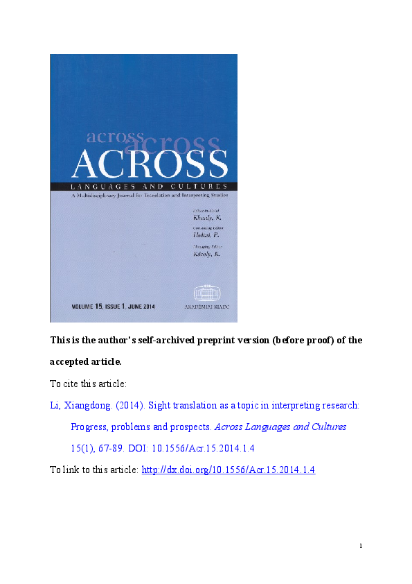 (DOC) Sight translation as a topic in interpreting research: Progress ...