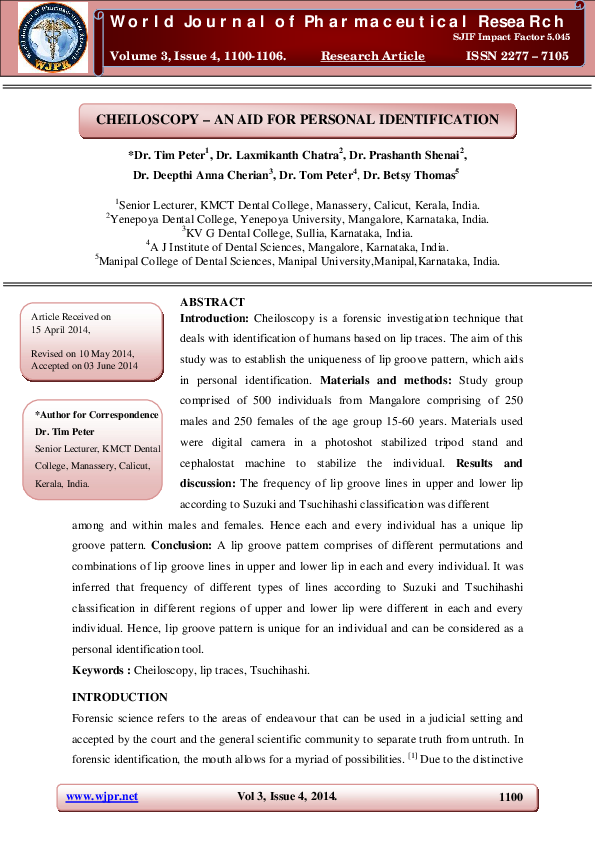 (PDF) Cheiloscopy- An aid for personal identification