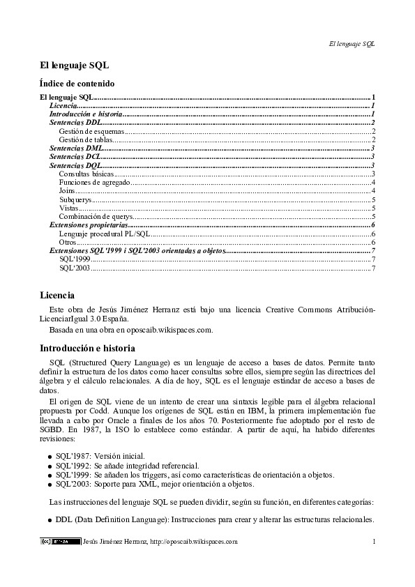 (PDF) El lenguaje SQL Índice de contenido