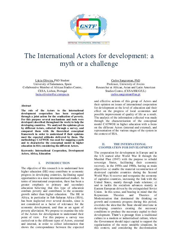 (PDF) The International Actors for development: a myth or a challenge