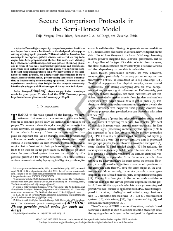 (PDF) Secure comparison protocols in the semi-honest model (PDF) Secure comparison protocols in the semi-honest model