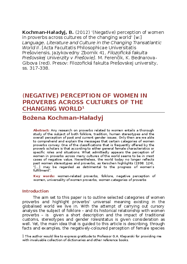 (DOC) (Negative) perception of women in proverbs across cultures of the ...