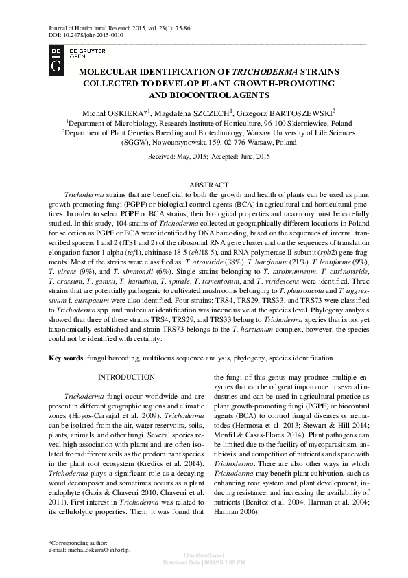 Pdf Molecular Identification Of Trichoderma Strains Collected To Develop Plant Growth