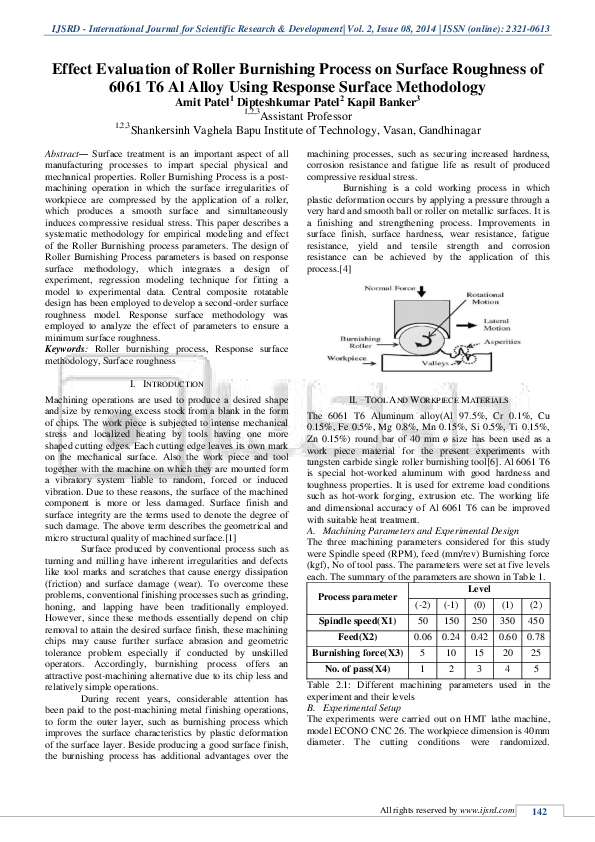(PDF) Effect Evaluation of Roller Burnishing Process on Surface Roughness of 6061 T6 AL Alloy ...