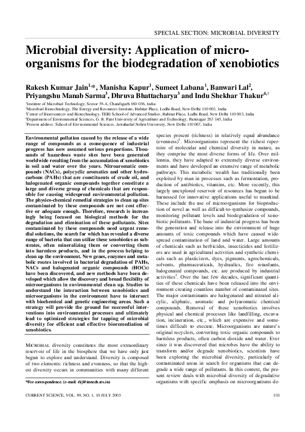 (PDF) Microbial Diversity: Application of Micro-Organisms for the Biodegradation of Xenobiotics