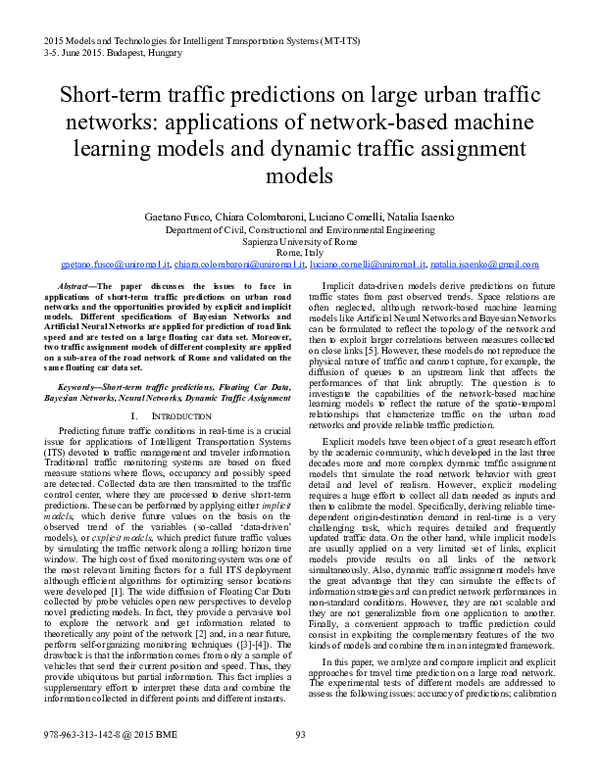 (PDF) Short-term traffic predictions on large urban traffic networks ...