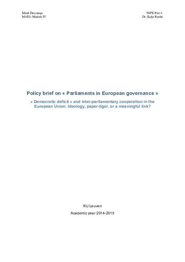 (PDF) Policy brief on « Parliaments in European governance