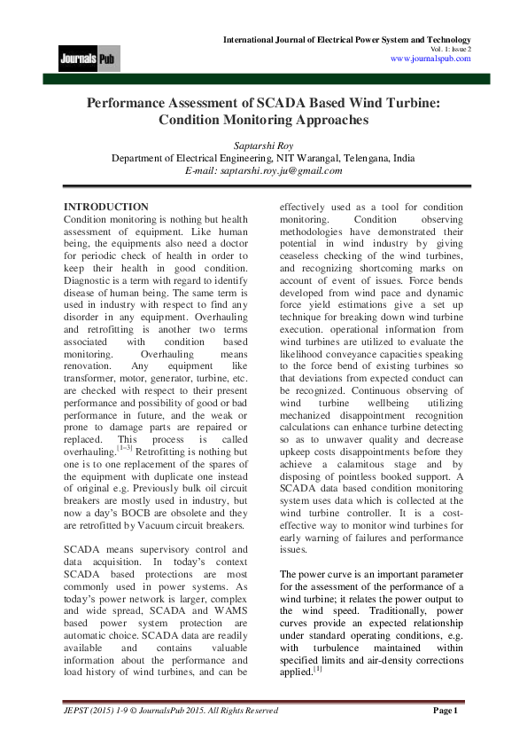 Pdf Performance Assessment Of Scada Based Wind Turbine Condition