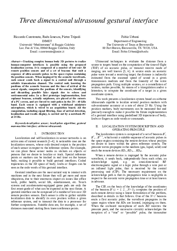 (PDF) Three dimensional ultrasound gestural interface