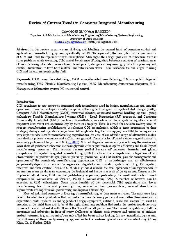 (DOC) Review of Current Trends in Computer Integrated Manufacturing