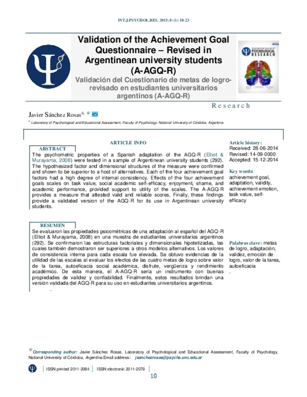 (PDF) Validation of the Achievement Goal Questionnaire