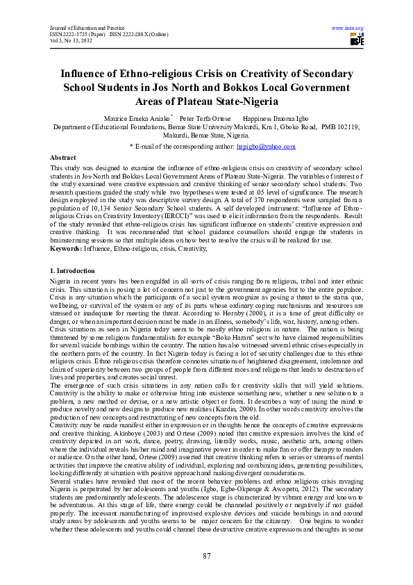 (PDF) Influence of Ethno-religious Crisis on Creativity of Secondary ...