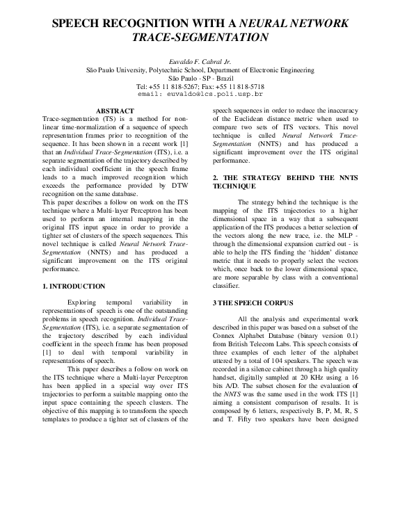 (PDF) SPEECH RECOGNITION WITH A NEURAL NETWORK TRACE-SEGMENTATION