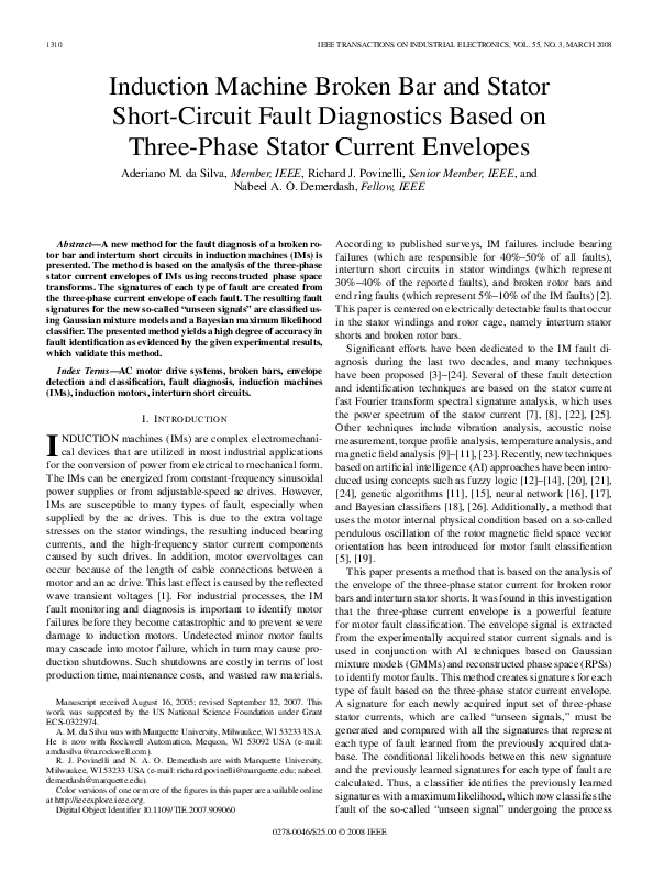 Pdf Induction Machine Broken Bar And Statorshort Circuit Fault Diagnostics Based Onthree Phase