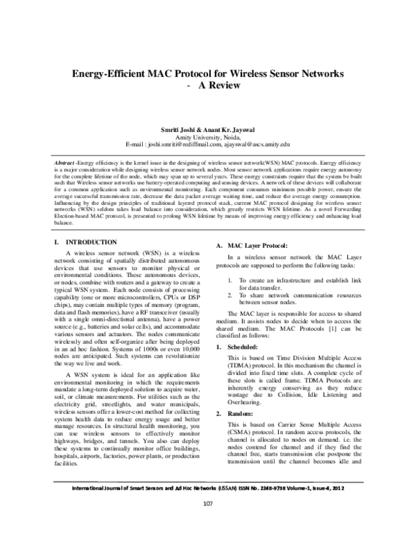 (PDF) Energy-Efficient MAC Protocol for Wireless Sensor Networks - A Review