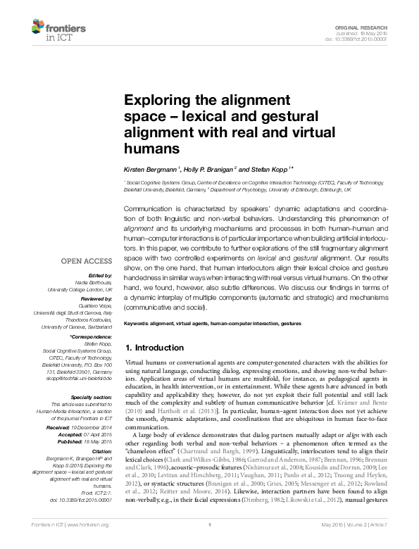 (PDF) Exploring the alignment space – lexical and gestural alignment with real and virtual humans