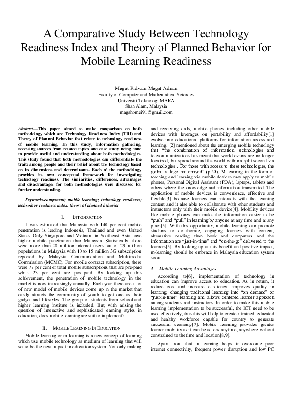 (PDF) A Comparative Study between TRI and TPB for Mobile Learning Readiness