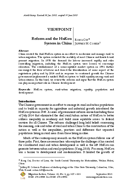 (PDF) Reform and the HuKou System in China | Transnational Press London ...