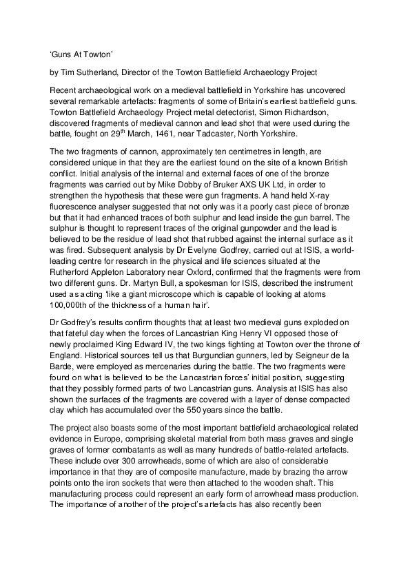 (PDF) Sutherland, T.L. 2011 ‘Guns at Towton’. Battlefield, The Magazine ...