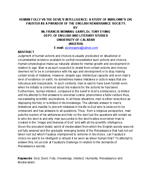 (DOC) HUMAN FOLLY VS THE DEVIL’S INTELLIGENCE: A STUDY OF MARLOWE’S DR ...