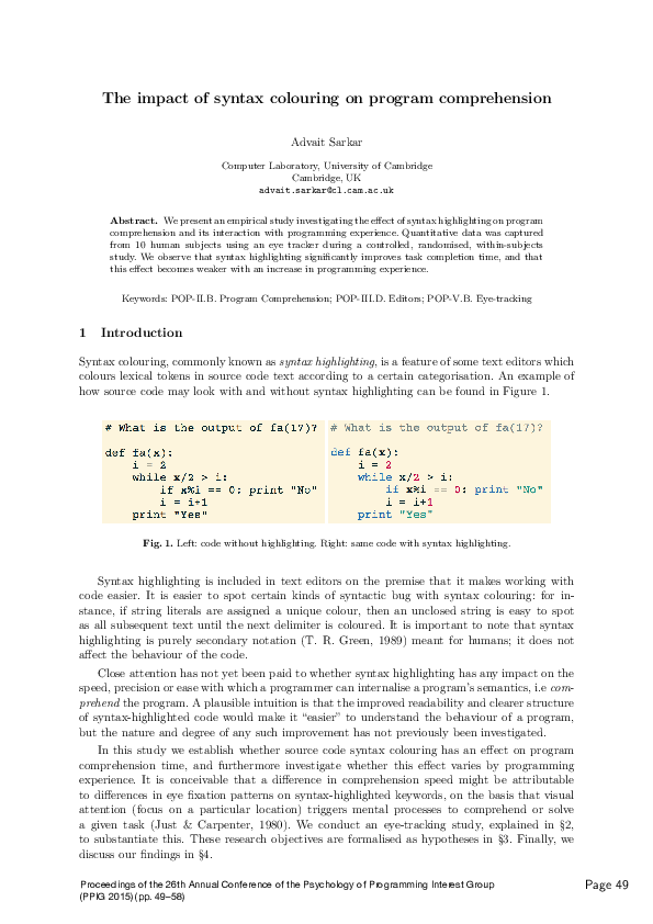(PDF) The impact of syntax colouring on program comprehension (PDF) The impact of syntax colouring on program comprehension