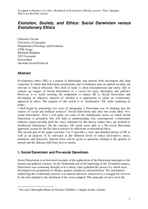 "Evolution Society, and Ethics: Social Darwinism versus Evolutionary Ethics