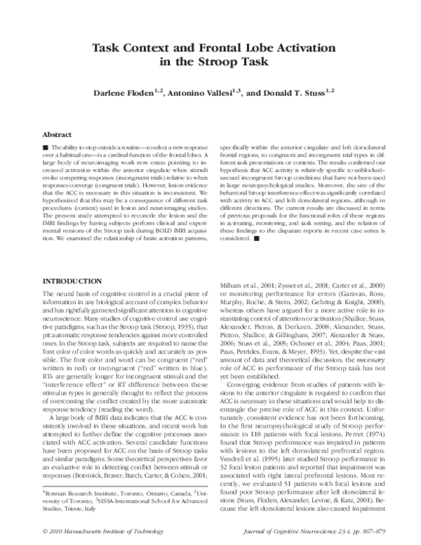 Task Context And Frontal Lobe Activation In The Stroop Task
