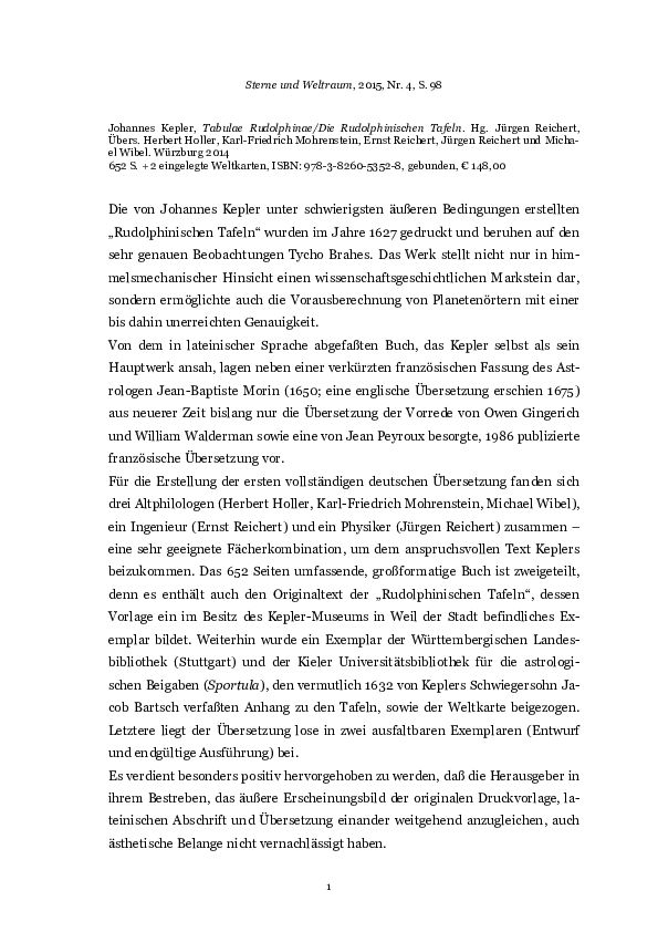 Review Johannes Kepler, Tabulae Rudolphinae/Die Rudolphinischen Tafeln ...