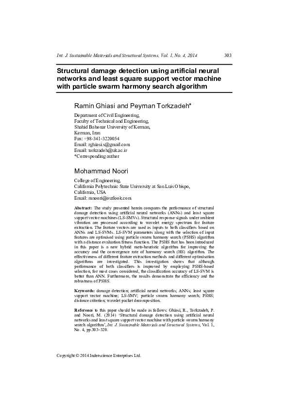 (PDF) Structural damage detection using artificial neural networks and least square support ...