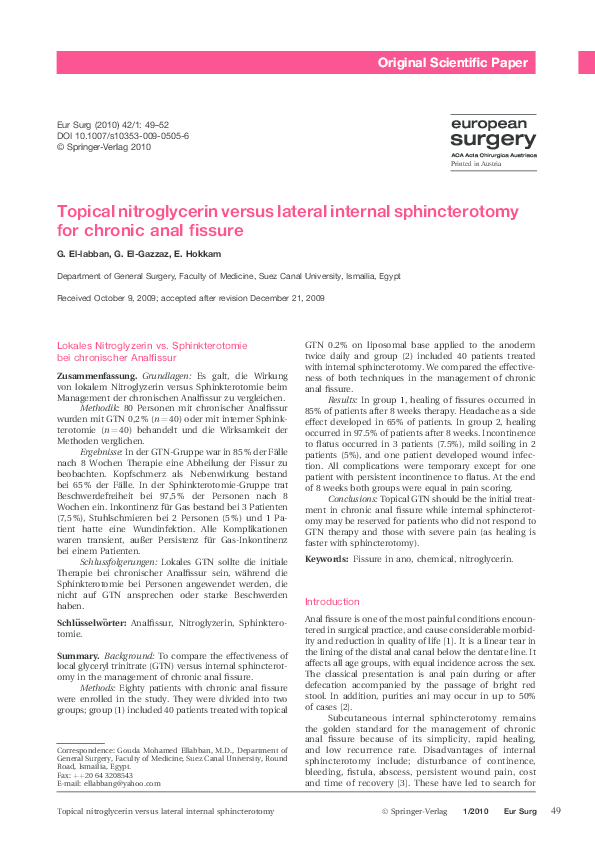 (PDF) Topical nitroglycerin versus lateral internal sphincterotomy for ...
