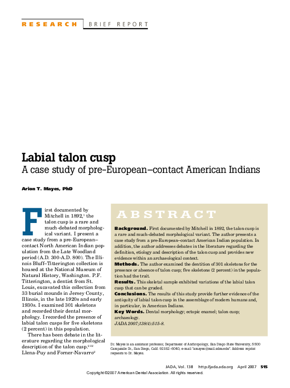 (PDF) Labial Talon Cusp: A case study of pre-European-contact American ...