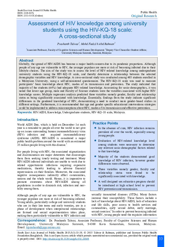 (PDF) Assessment of HIV knowledge among university students using the ...