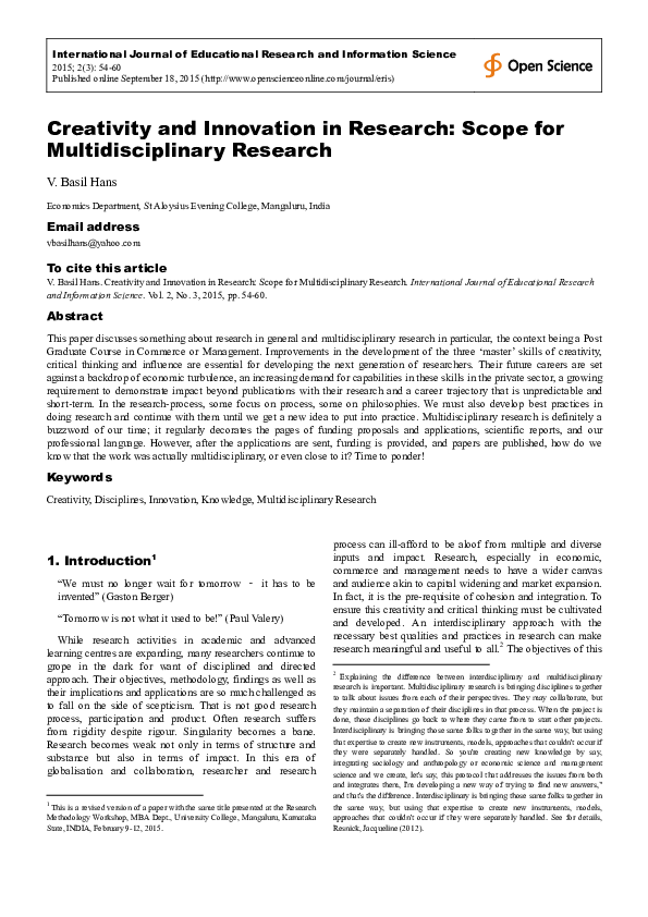 (PDF) Creativity and Innovation in Research: Scope for ...