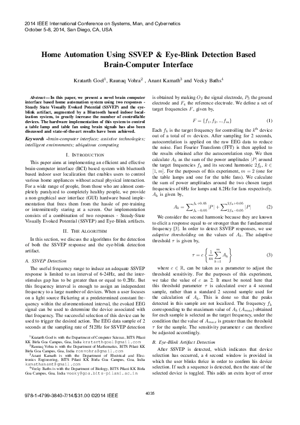 Pdf Home Automation Using Ssvep And Eye Blink Detection Based Brain Computer Interface